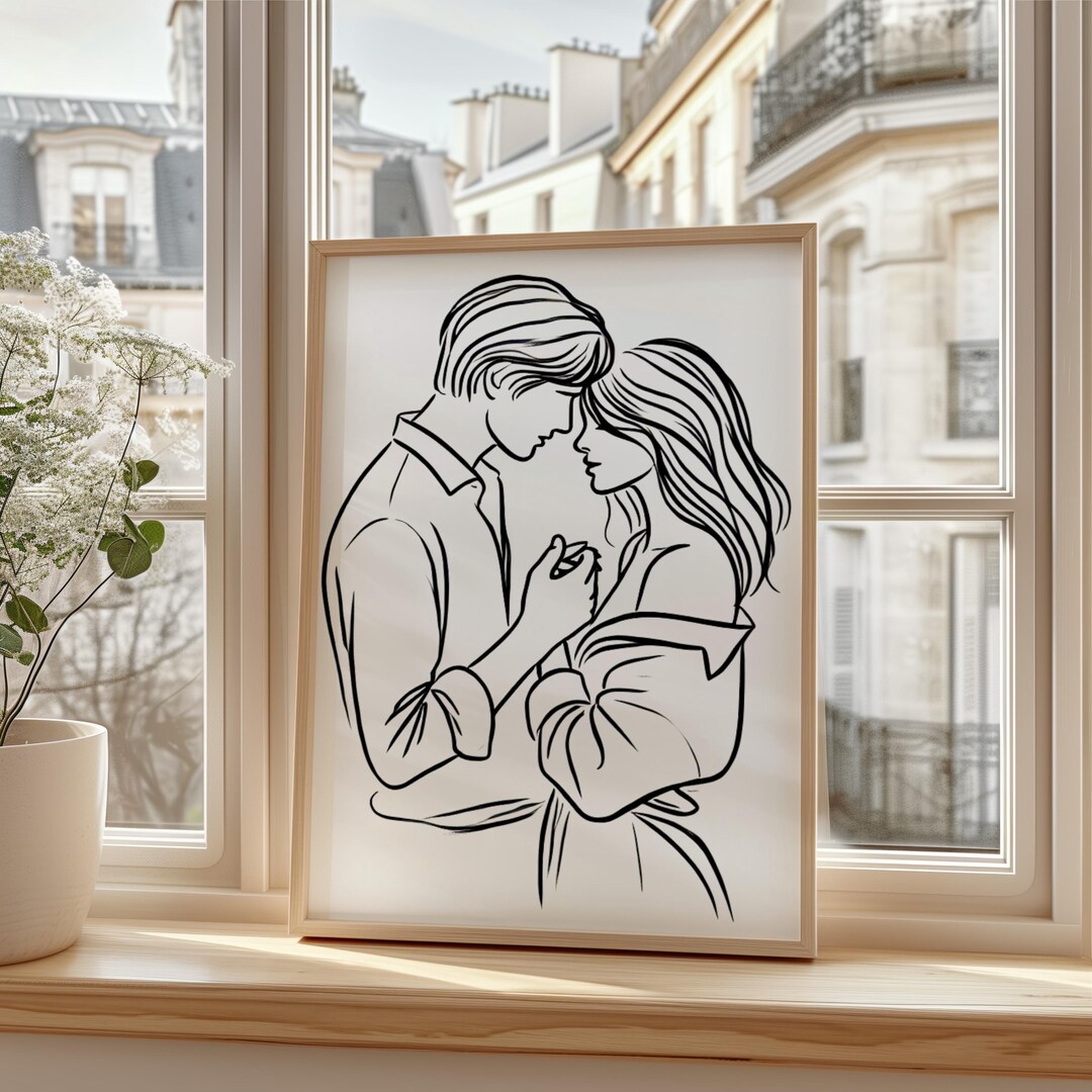 Romantic Couple Line Art Print, Minimalist Wall Art, Wall Art, Black ...
