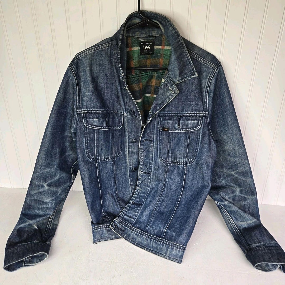 Vintage 1990s Lee Cotton Denim Plaid Flannel Lined Jean Jacket Mens LG ...