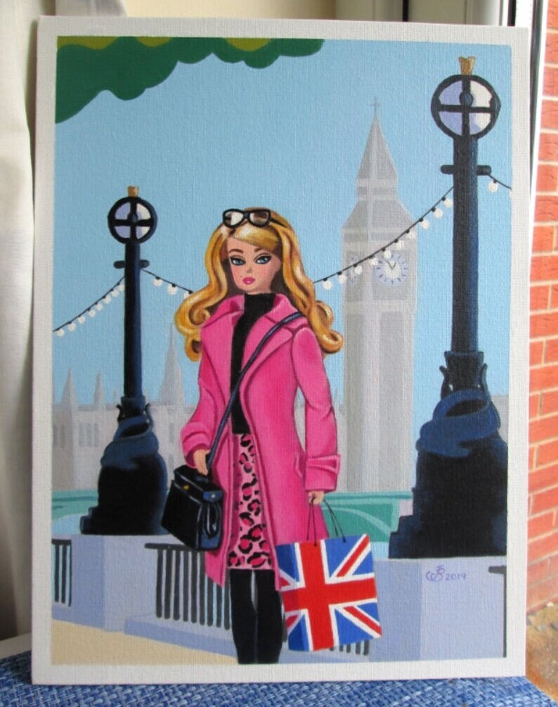 Barbie Art Original Oil Painting of Barbie Doll in London Shopping Pink ...