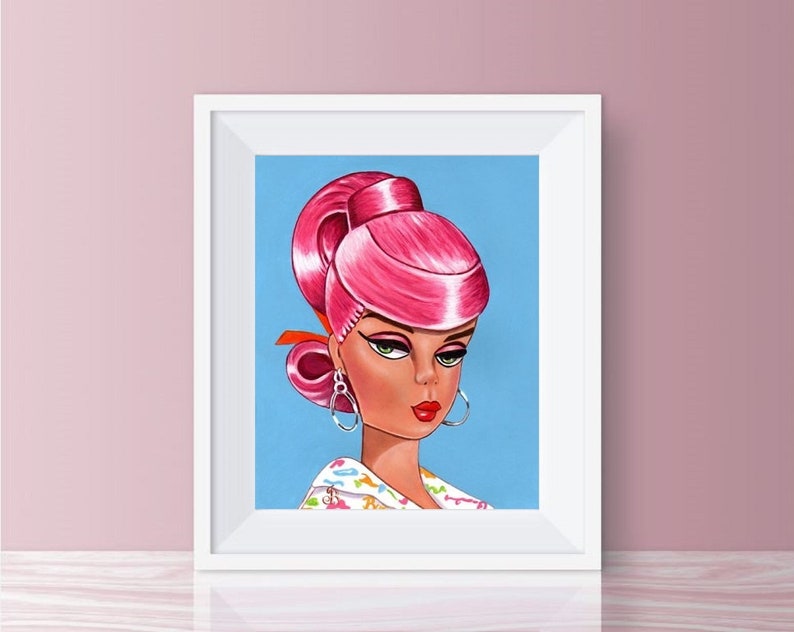 Barbie Art Original Oil Painting of Retro Silkstone Doll Pink Hair in ...