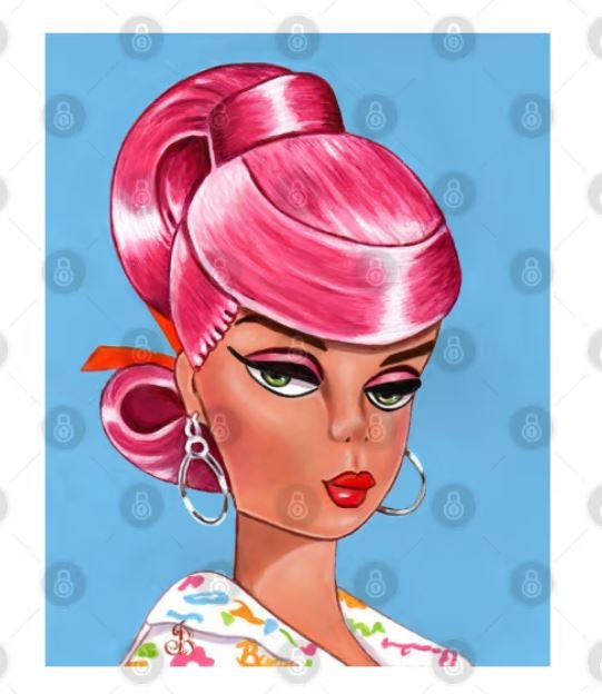 Barbie Art Original Oil Painting of Retro Silkstone Doll Pink Hair in ...