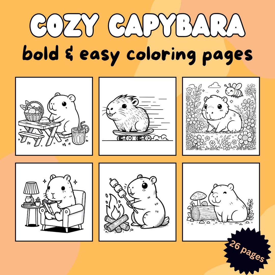 Cute Capybara Coloring Book for Kids: 26 Bold & Easy Coloring Pages - Etsy