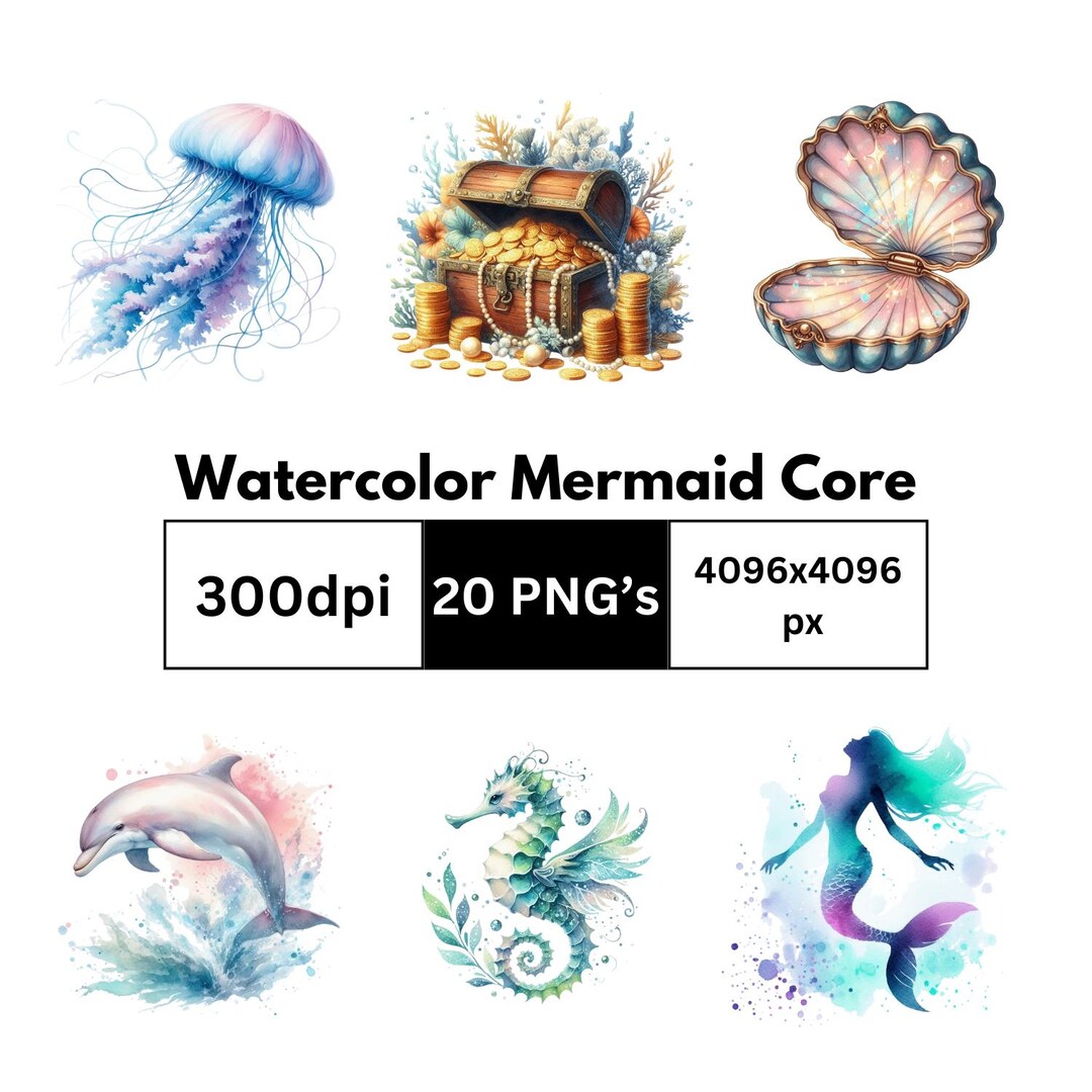 Watercolor Mermaidcore Clipart – 20 PNG Ocean Graphics (digital Files ...