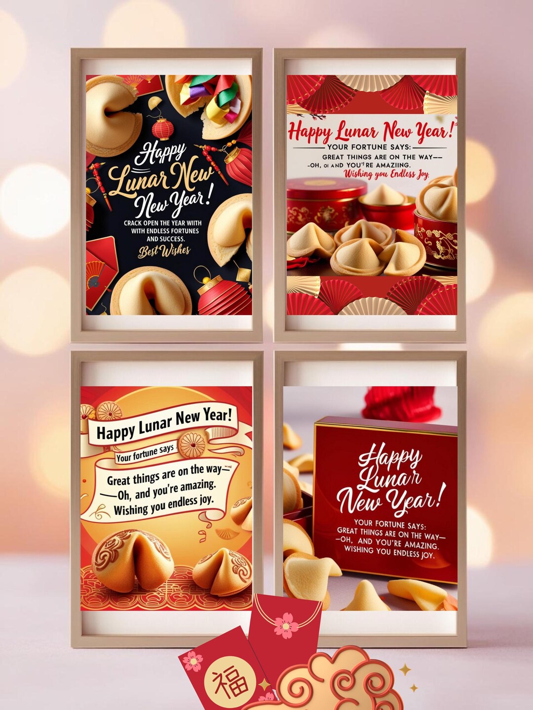 Chinese New Year Editable Greetings Set of 4 Personalized Fortune ...