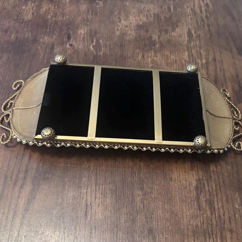 Vintage Victorian Edwardian Floral Ribbon Sim Pearls Brass Vanity Tray ...