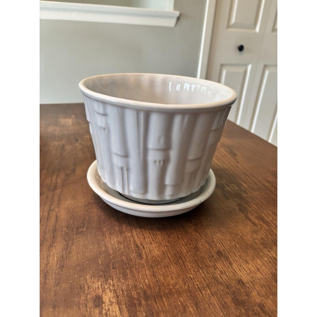 Vintage Mccoy Pottery White Bamboo Texture Flower Pot Attached Saucer ...