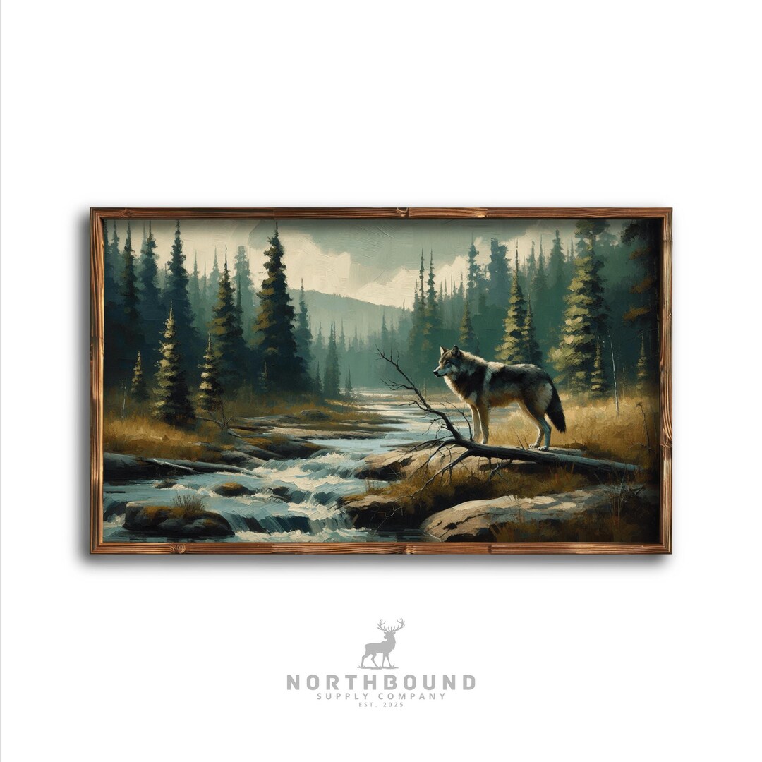Lone Wolf Art Print | Northwoods Landscape Painting | Rustic Wildlife ...