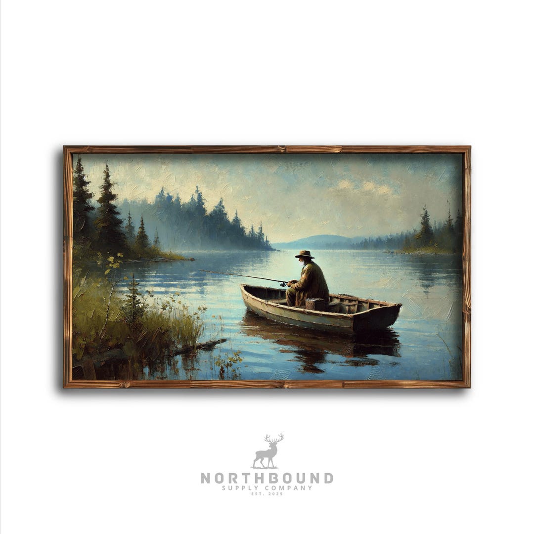 Fishing Art Print | Northern Lake Scene | Old Man Fishing Painting ...