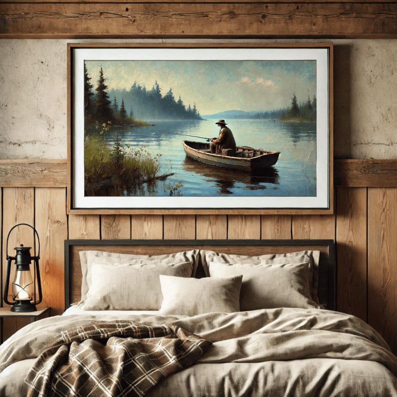 Fishing Art Print | Northern Lake Scene | Old Man Fishing Painting ...