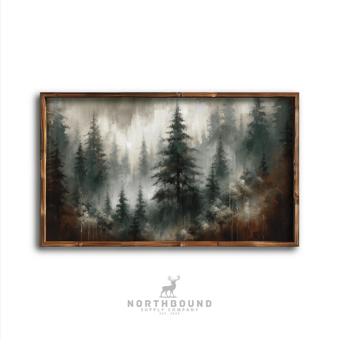 Foggy Pine Forest Art Print | Impressionistic Acrylic Painting | Rustic Landscape | Moody Misty ...