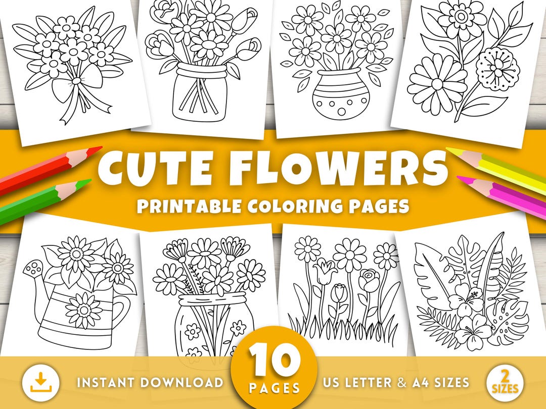 Cute and Easy Flowers Coloring Pages for Kids Adults, Digital Printable ...