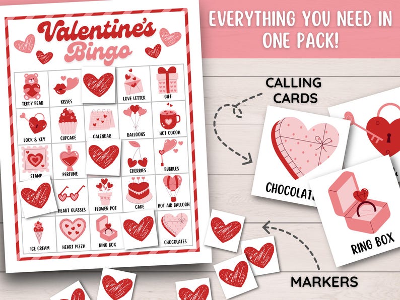 Valentines Day Bingo, Printable Valentines Bingo Game, Valentine's Day ...