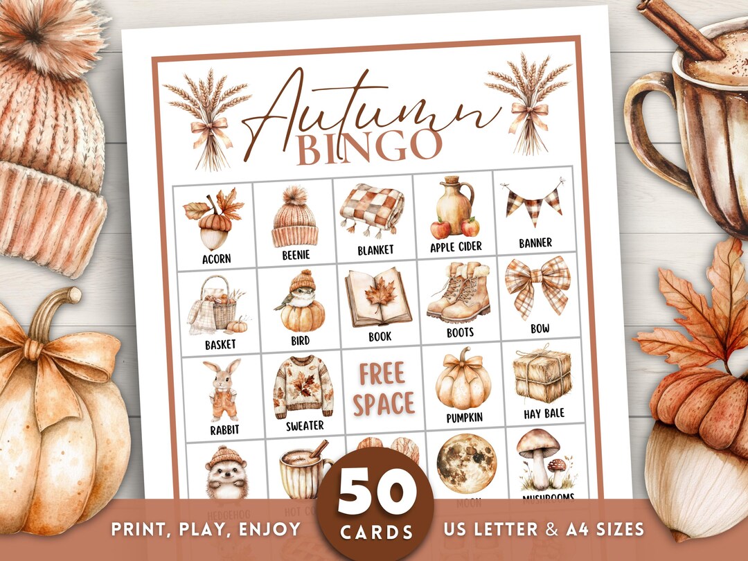 Autumn Bingo Game, Printable Fall Bingo, 50 Fall Bingo Cards, Fall ...