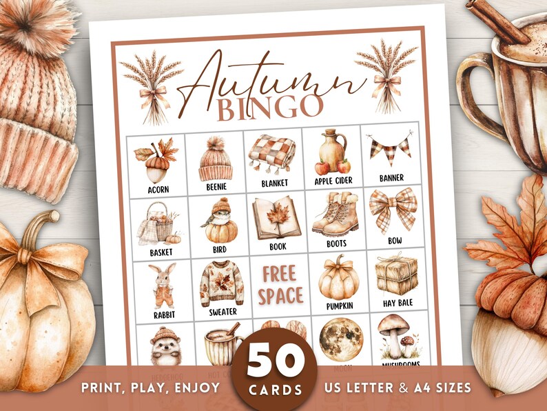 Autumn Bingo Game, Printable Fall Bingo, 50 Fall Bingo Cards, Fall ...