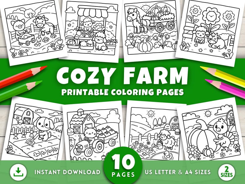 Cute Cozy Farm Coloring Pages for Kids Adults, Printable Easy Coloring ...