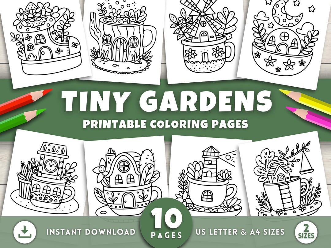 Tiny Gardens Coloring Pages for Adults Kids, Bold and Easy Coloring ...