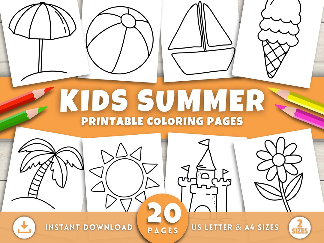 Kids Summer Coloring Pages, Printable Summer Kids Activities, Simple ...