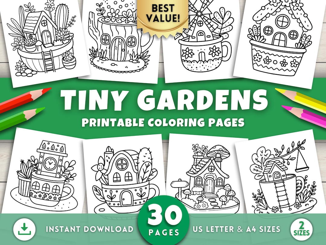 Tiny Gardens Coloring Pages for Adults Kids, Cozy Garden, Cute Mini ...