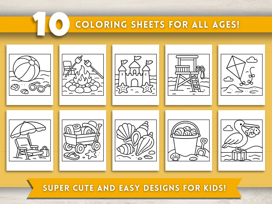 Beach Coloring Pages for Kids & Adults, Cute Summer Printable Activity ...