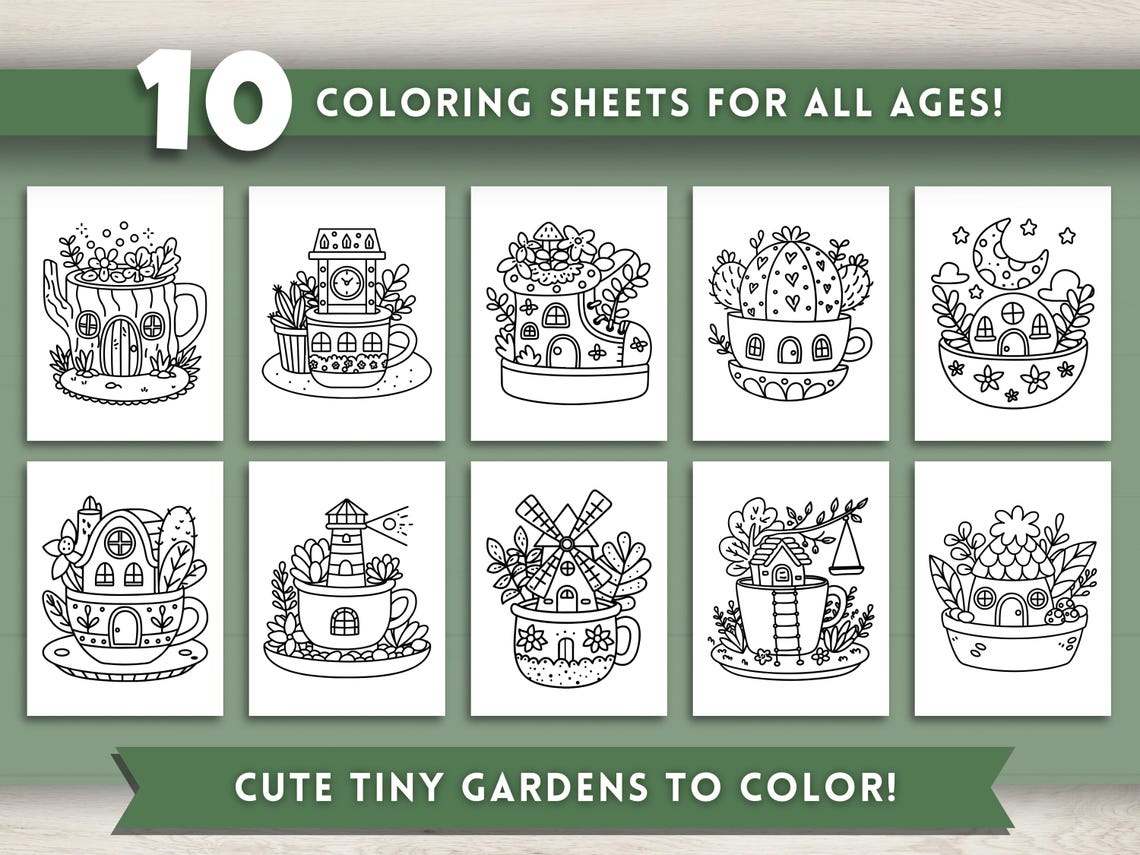 Tiny Gardens Coloring Pages for Adults Kids, Bold and Easy Coloring ...
