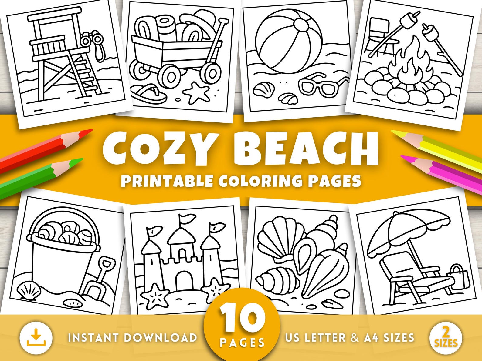 Beach Coloring Pages for Kids & Adults, Cute Summer Printable Activity ...