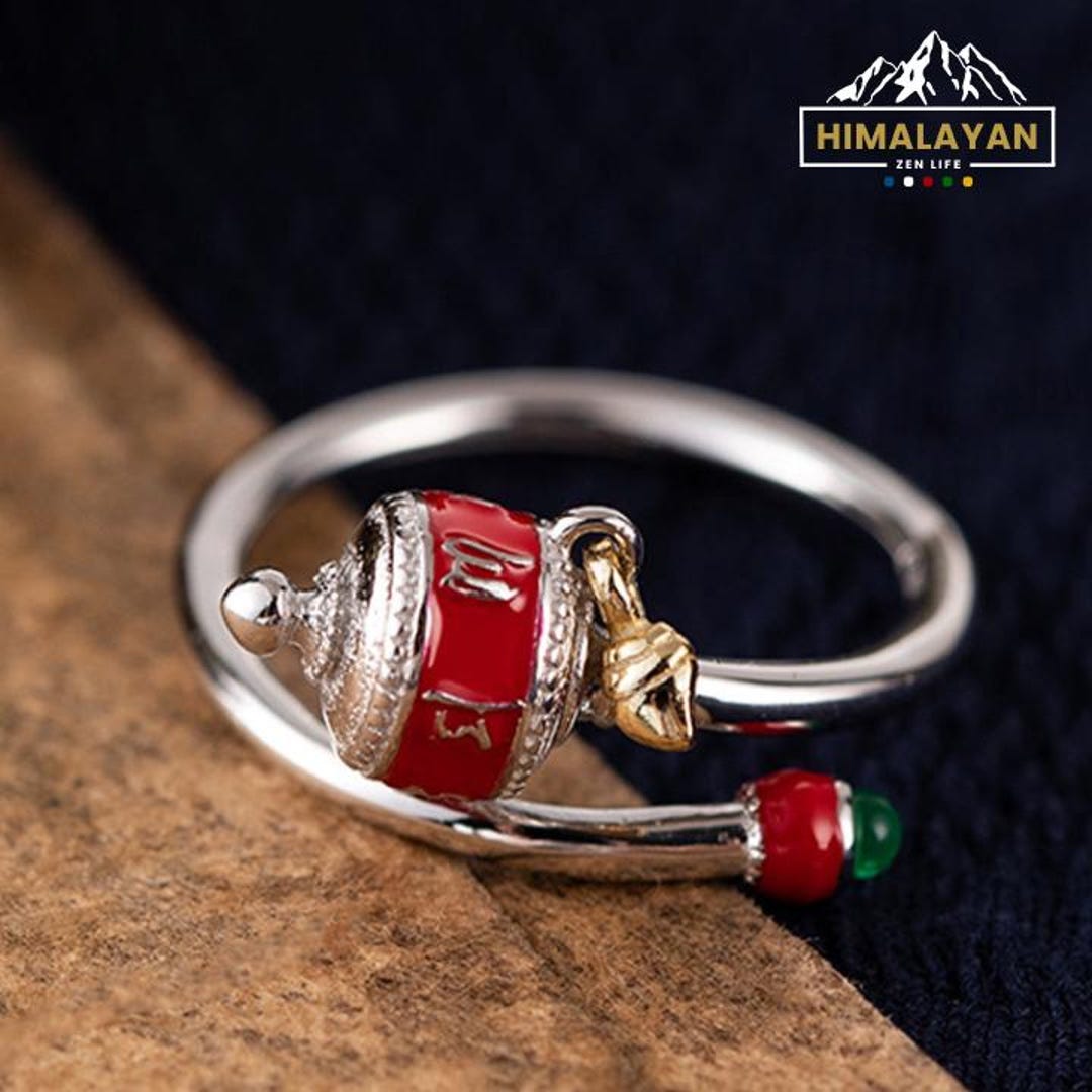 Prosperity Enamel Silver Prayer Wheel Ring Handcrafted for Wealth ...