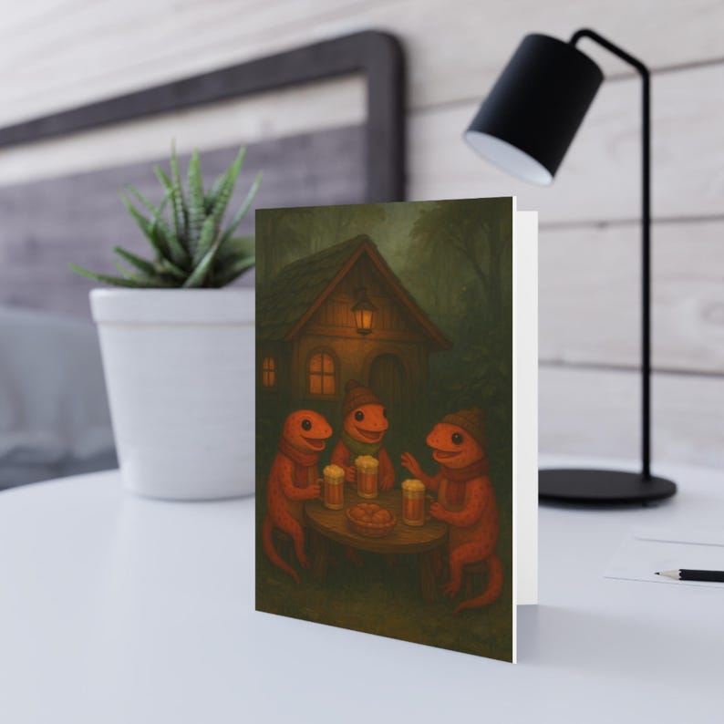 Three Salamanders Having a Drink, Greeting Card | Cozy Cottage Night ...