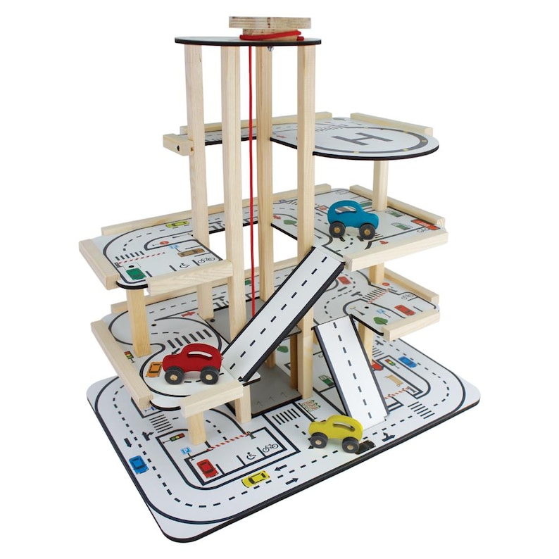 Wooden Parking Garage Playset for Kids - Multi-level Toy Car Ramp With ...