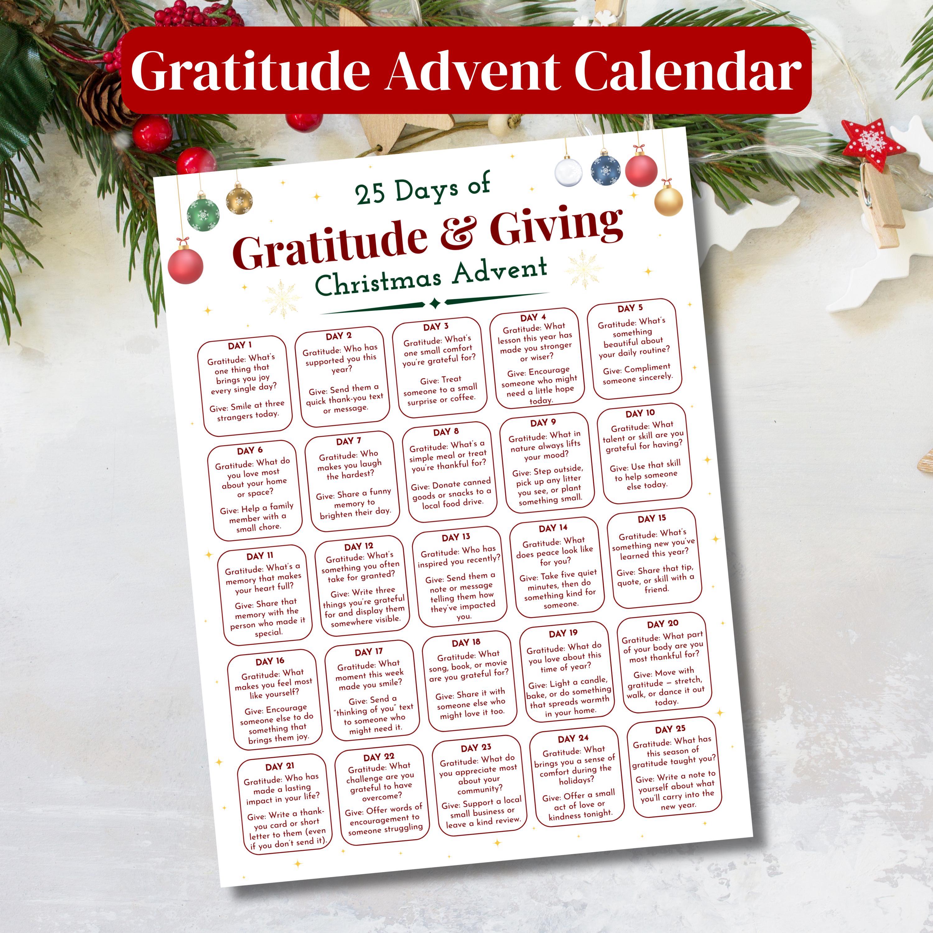 25 Days of Gratitude and Giving Advent Calendar, Printable Kindness ...