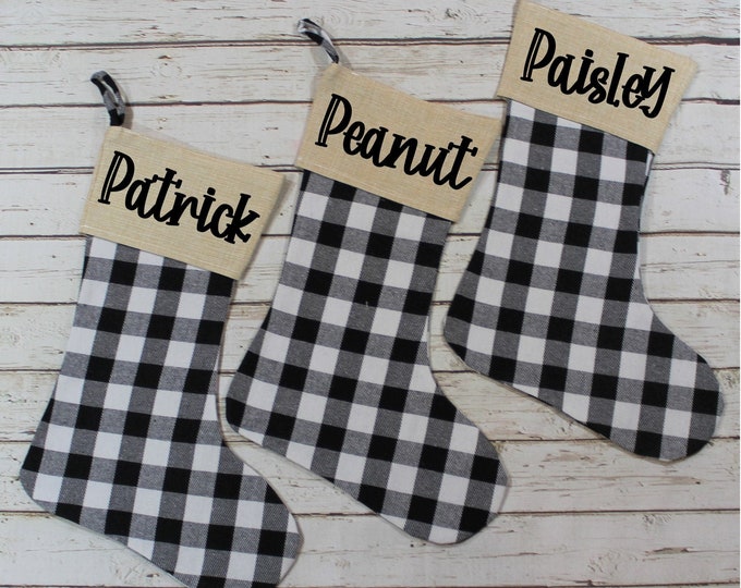 Buffalo Check Christmas Stockings, Personalized Plaid Stocking, Black ...
