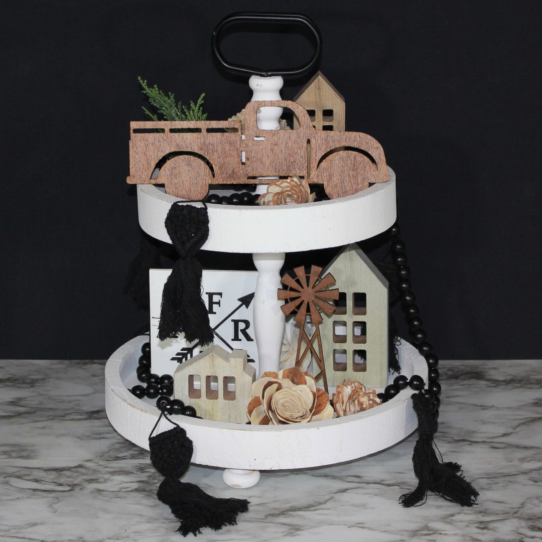 Decorative Tiered Tray, 2 Two Tiered Tray, Wood Tiered Tray, Neutral ...