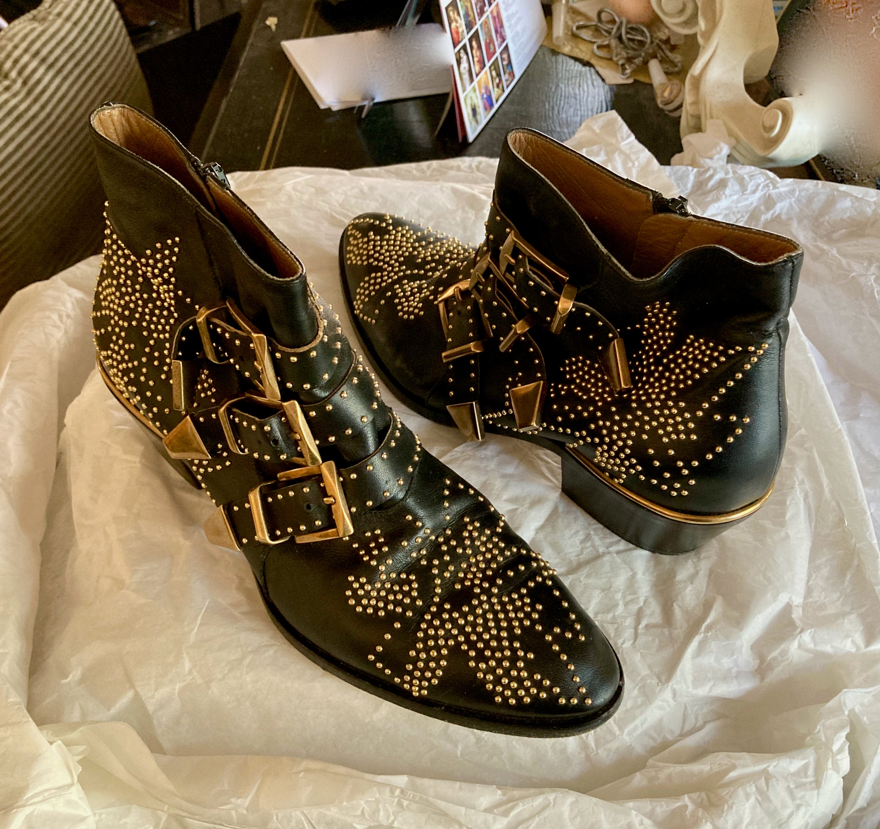 Chloe Susanna Lambskin Boots Black/gold Studs 37.5 7.5 8 - Etsy Chloe Susanna Lambskin Boots Black/gold Studs 37.5 7.5 8 - Etsy