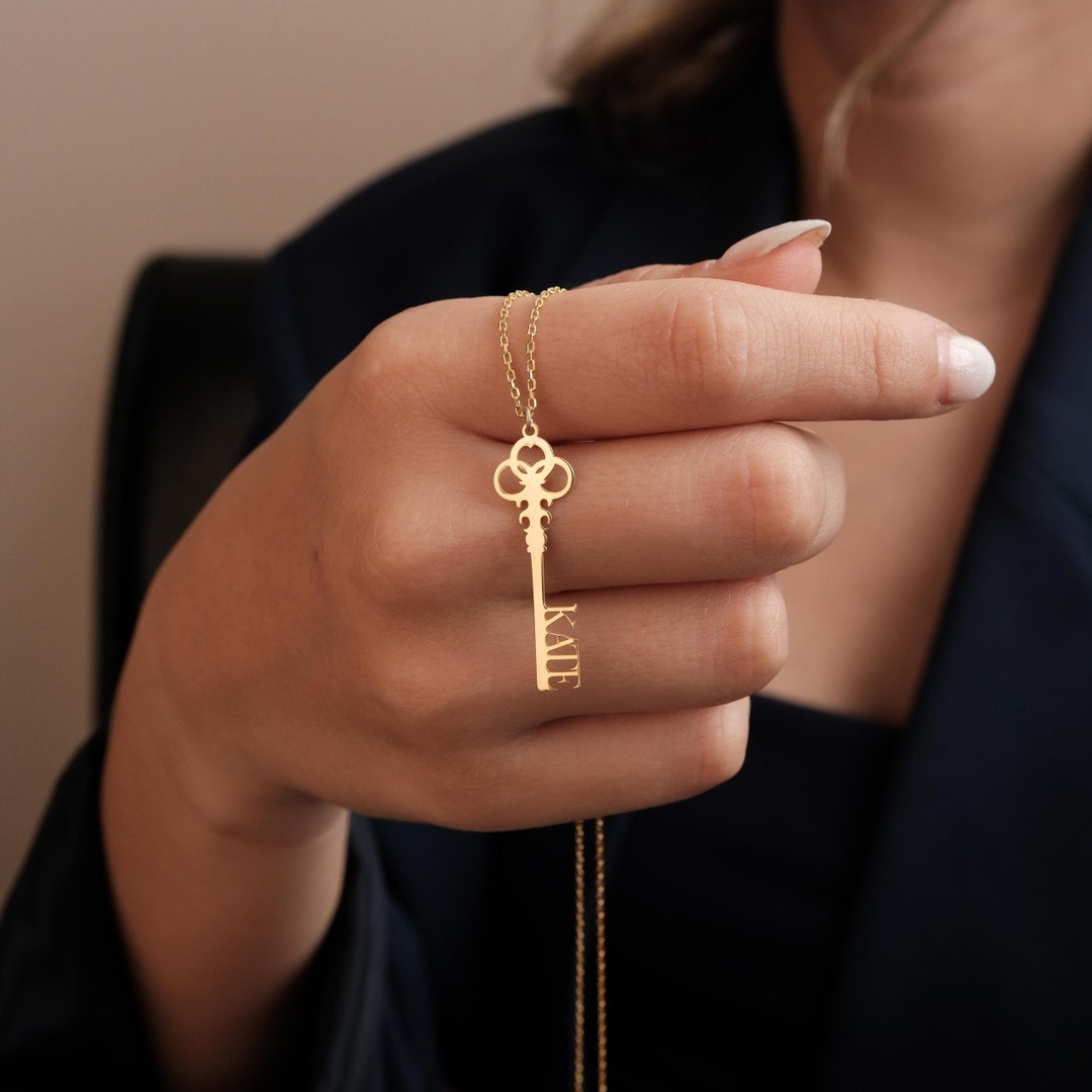 Custom Gold Key Necklace With Name, Personalized Key Pendant, Unique ...