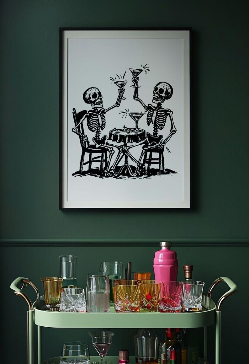 Joyful Skeletons Martini Poster | Quirky Skeleton Cocktail Art | Fun ...