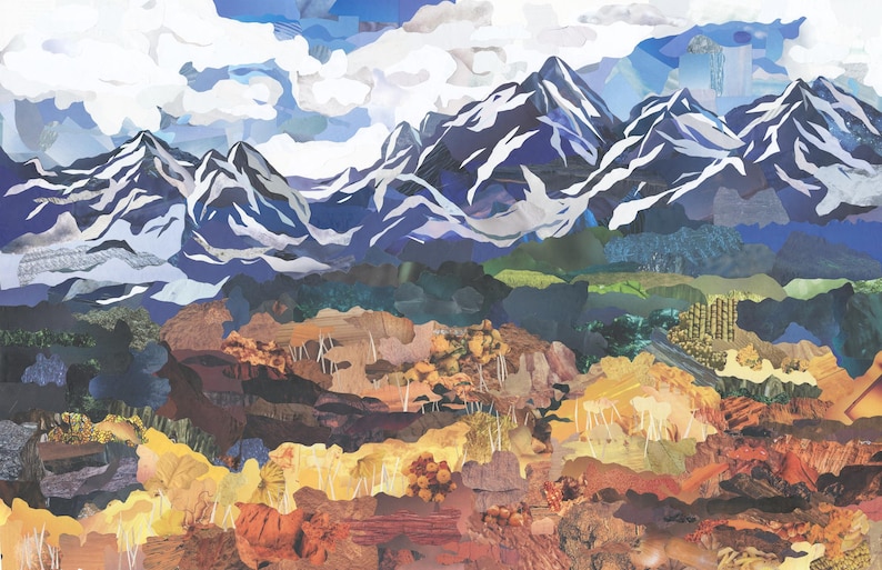 Magazine Paper Collage Original Art Print - Mountains and Trees ...
