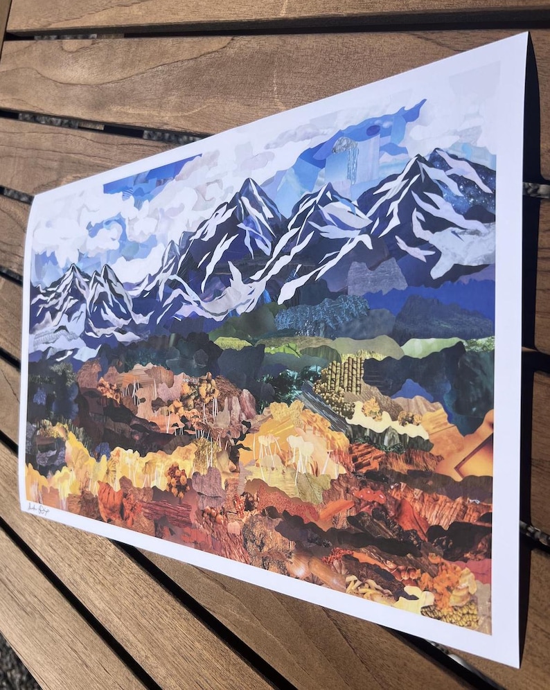 Magazine Paper Collage Original Art Print - Mountains and Trees ...
