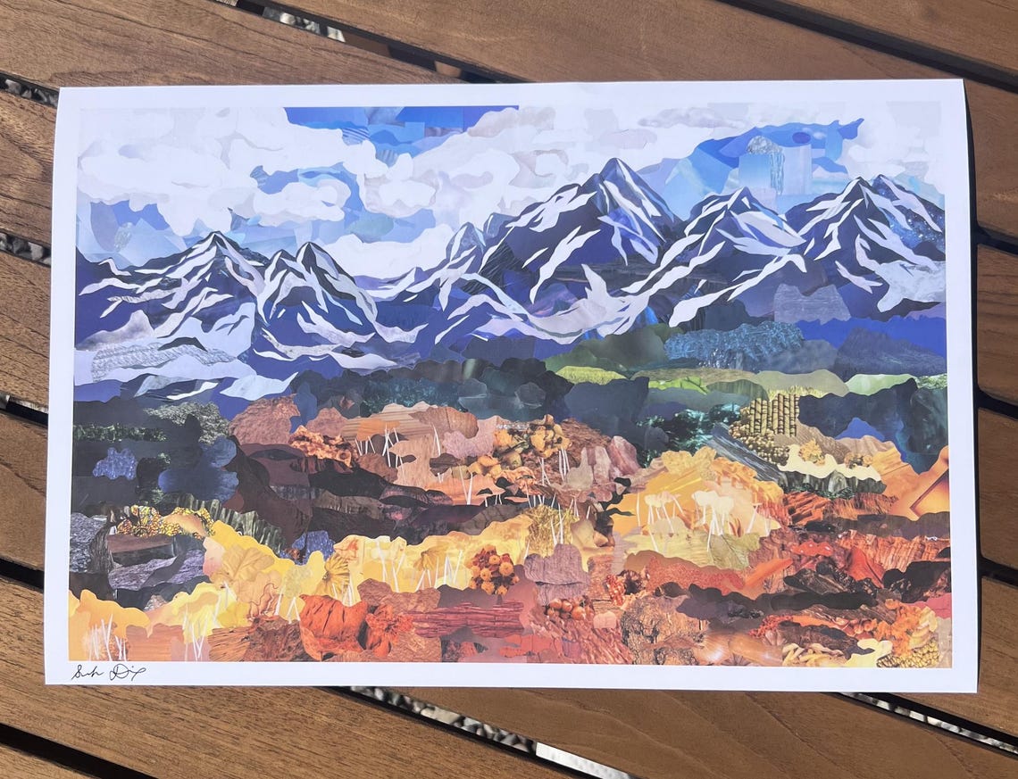 Magazine Paper Collage Original Art Print - Mountains and Trees ...