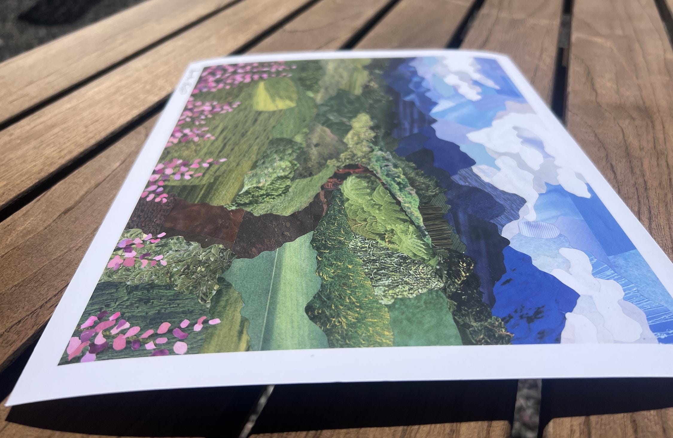Magazine Paper Collage Original Art Print - Mountain Scene and Flowers ...