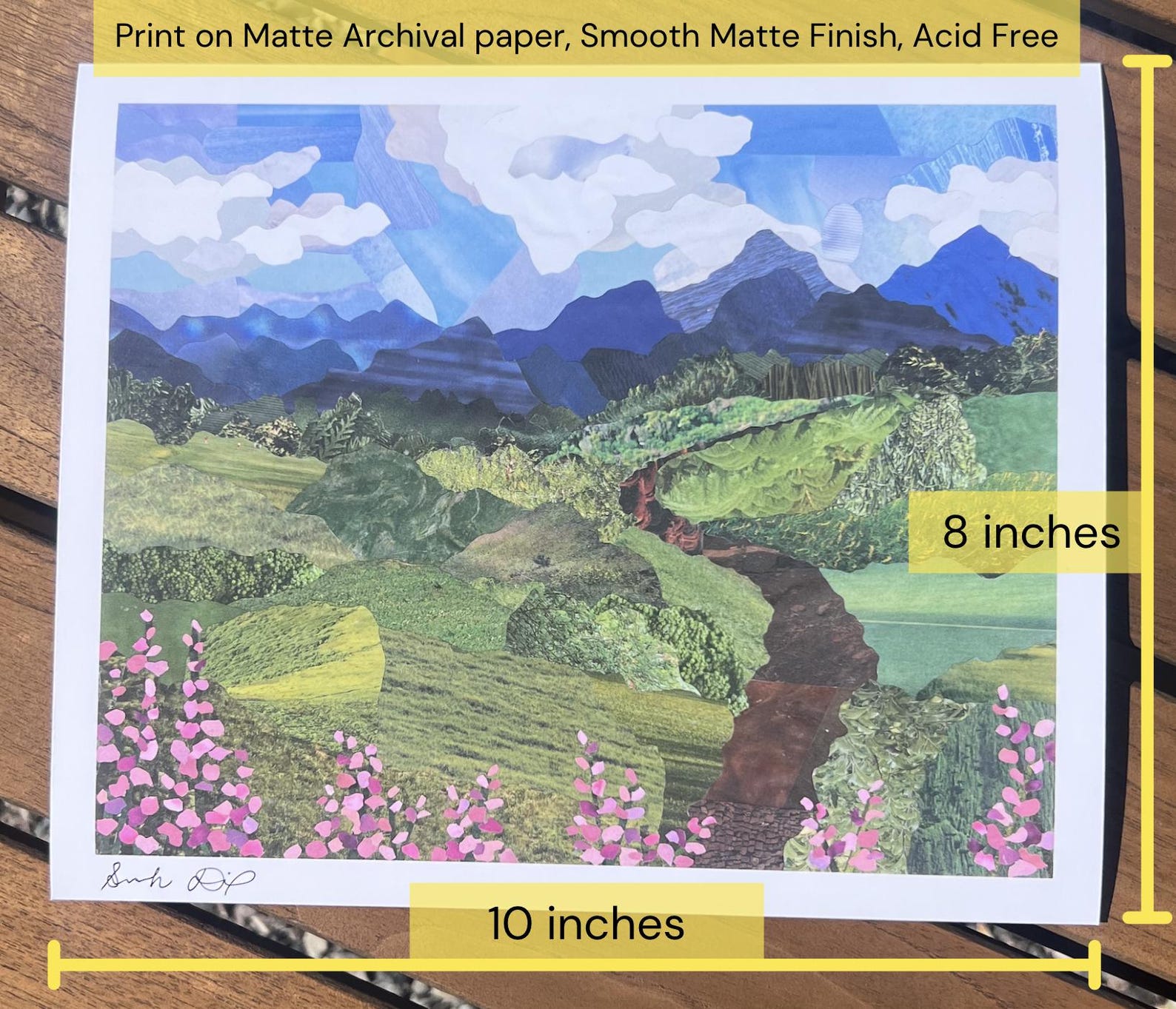 Magazine Paper Collage Original Art Print - Mountain Scene and Flowers ...