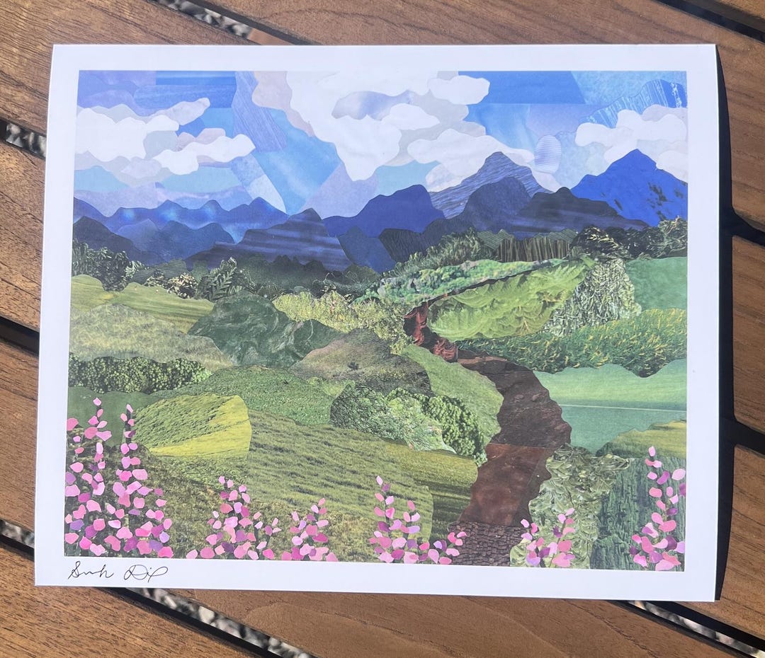 Magazine Paper Collage Original Art Print - Mountain Scene and Flowers ...