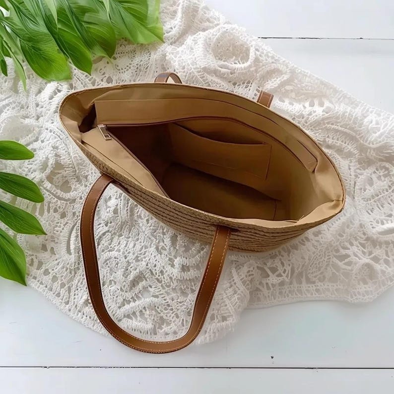 Large Straw Tote Bag With Leather Straps | Woven Boho Summer Beach Bag ...