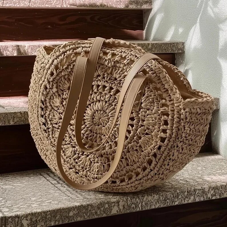 Large Round Rattan Straw Tote Bag Woven Boho Beach Bag for Women Summer ...