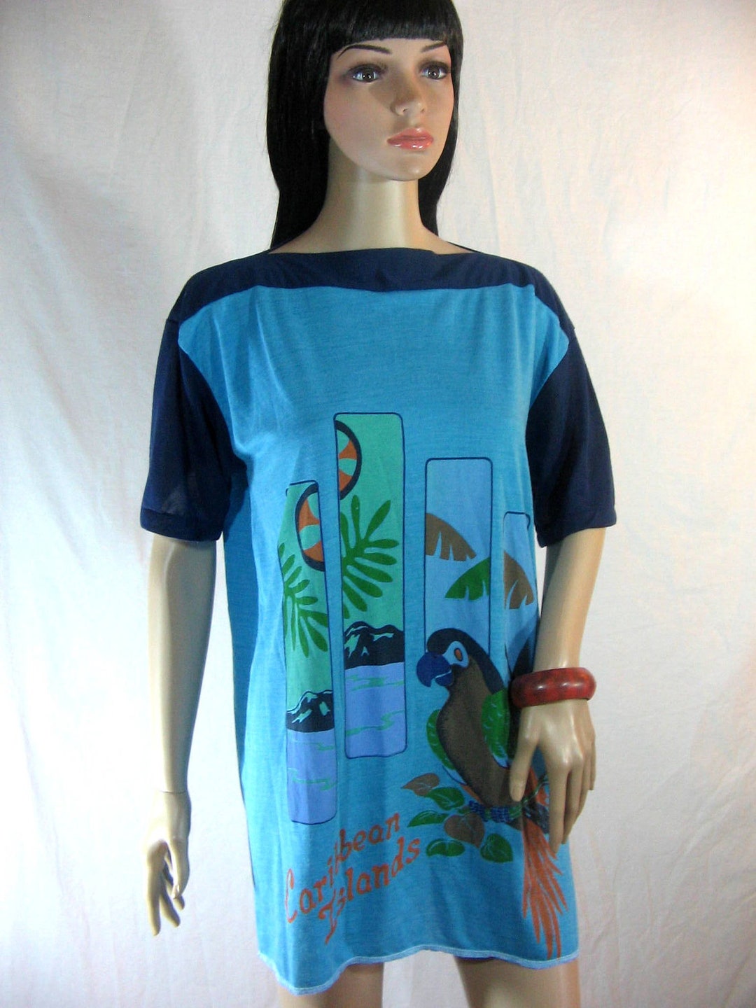 70's SLOUCH MINI DRESS Floral Birds Caribbean Islands S M - Etsy