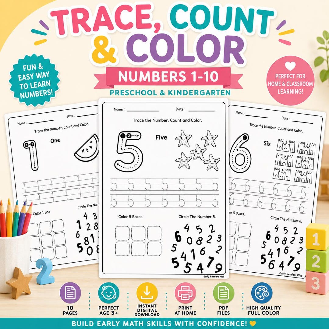 Number Tracing Worksheets 1-10 | Preschool Math & Count Number Practice ...
