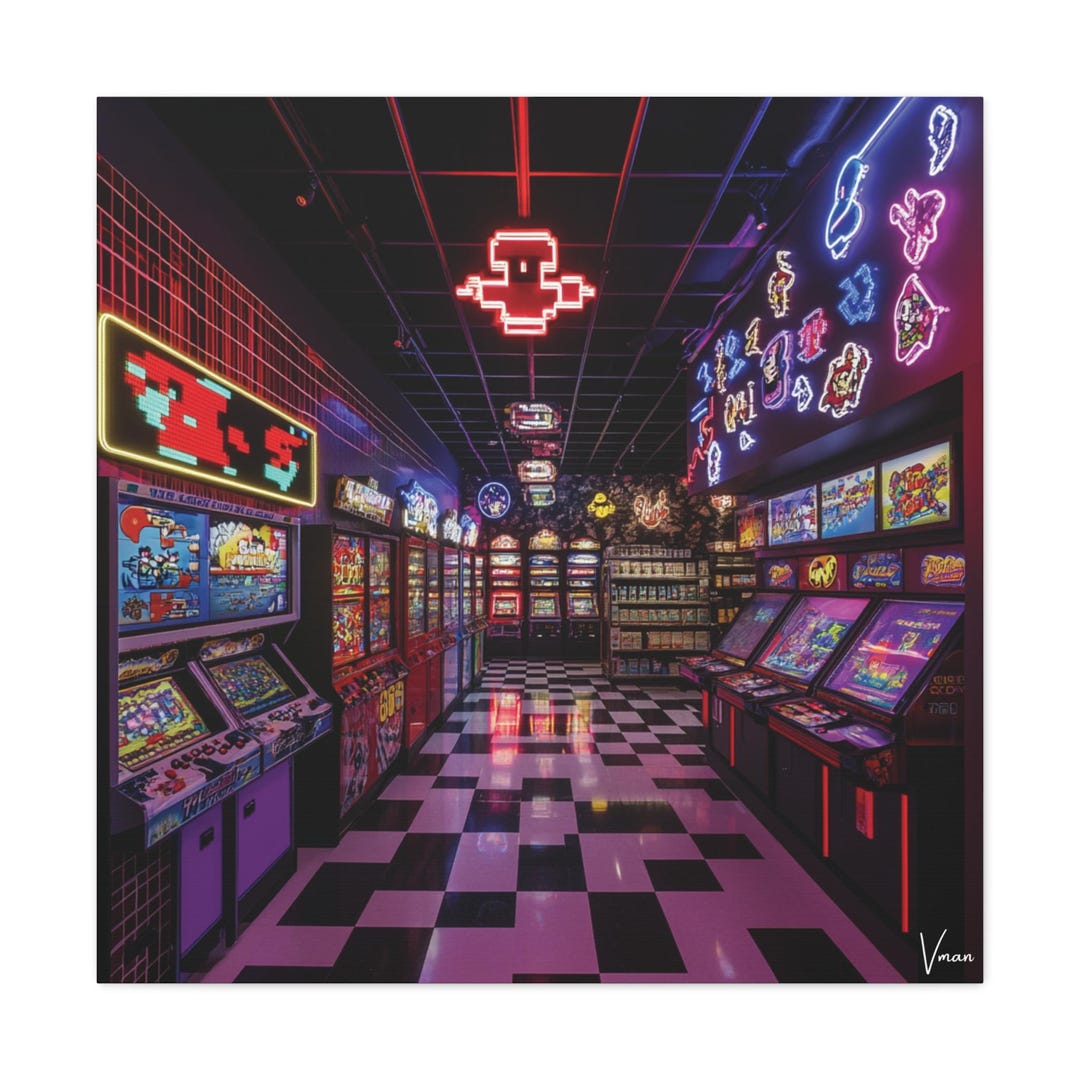 Vibrant Retro Video Game Art: Colorful Store Interior Decor, Vintage ...