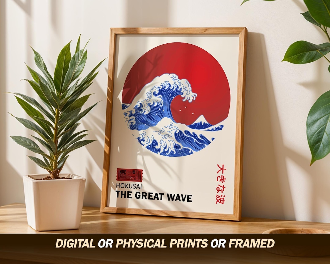 The Great Wave Poster, Japanese Art Print, Hokusai Wall Art, Red Sun ...