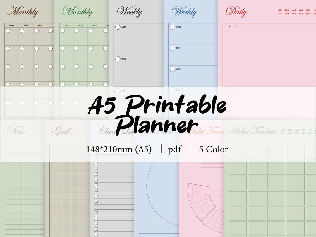 A5 Printable Planner Memopad, Simple, 5color, Monthly, Daily, Weekly ...