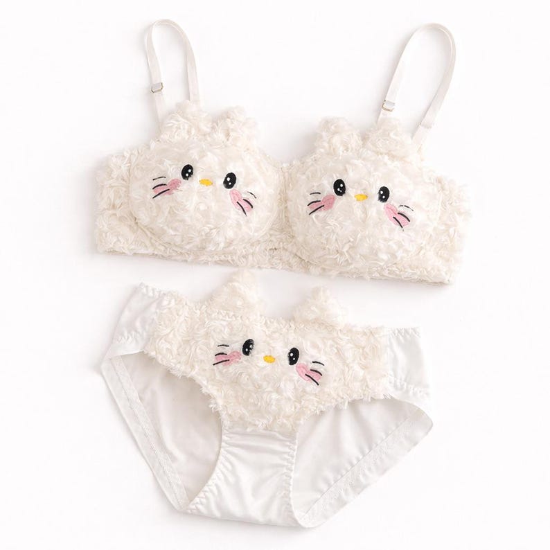 Kawaii Cat Lingerie Set – Plush Hello Kitty Bra & Panty – Soft Furry ...