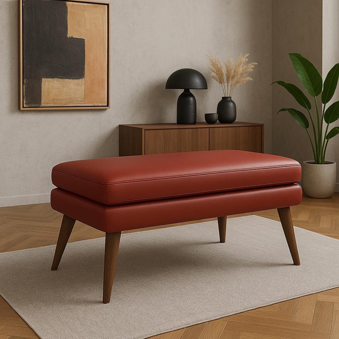 Red Leather Bench – Handmade Mid-century Modern Ottoman With Wood Legs ...