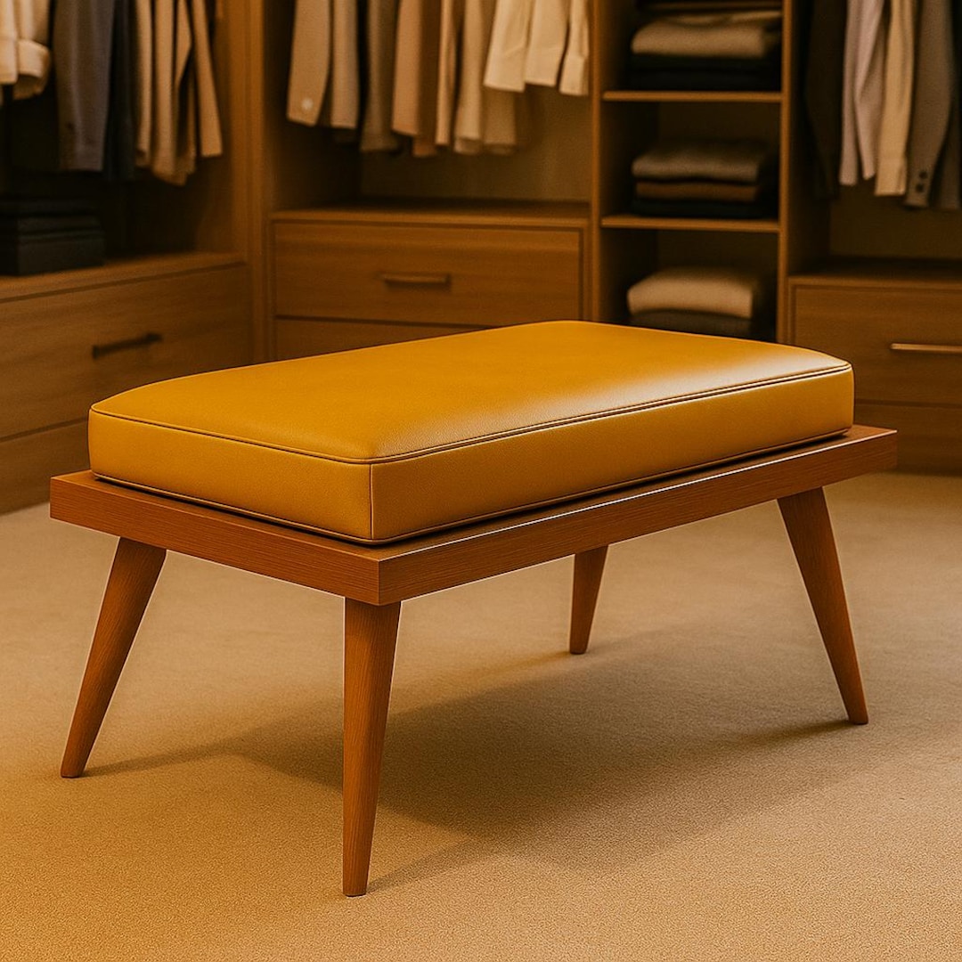Mid-century Modern Leather Bench: Handmade Entryway Seating - Etsy